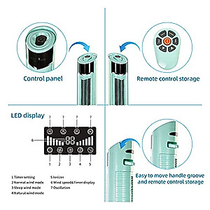 R.W.FLAME Tower Fan,360° oscillating standing fan, Room Fan, Portable Bladeless, Quiet Floor Fan with Remote, 8 Speeds, 3 Modes, 24H Timer for Bedroom, and Home Office Use (47-inch, GREEN)