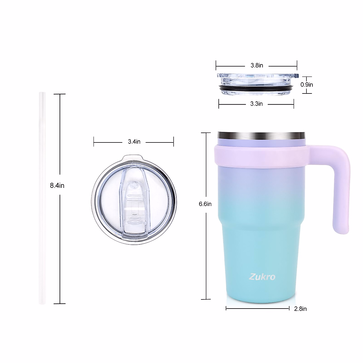 Zukro 20 oz Insulated Tumbler With Handle, Ceramic Interior Coating, No Metallic Aftertaste, Vacuum Stainless Steel Travel Coffee Cup with Lid and Straw, BPA Free, No Sweat, Hot Pink