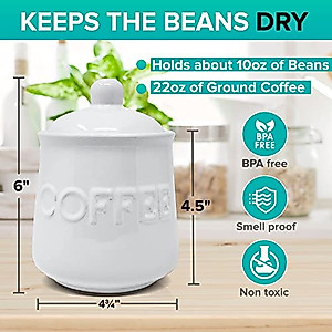 Kovot Ceramic Coffee Canister - Embossed Coffee Jar with Air-Sealed Lid - Best Coffee Preserver - Airscape Coffee Container - Easy to Wash, Color: Ivory White, Measures: 6”H