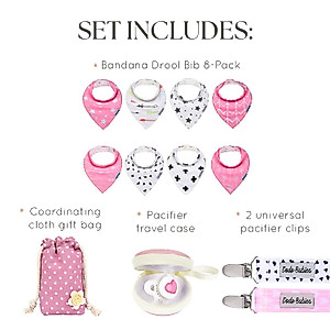 Dodo Babies Bandana Drool Bib Set - Eight 100% Cotton Bibs with Soft Polyester Lining, 2 Pacifier Clips, Binky Case, Pink Gift Bag for Baby Girl or Boy Shower - Adjustable Snap Fit for 3-24 Months