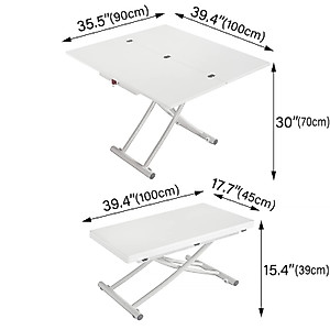 MYSELFLY Living Room Dinning Tables Folding Metal Lift Bracket Multifunction Transform Dinner Kitchen Coffee Tea End Table in Home Wood Desktop Design 40x35 White