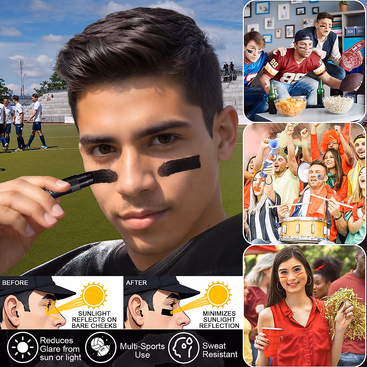Jim&Gloria Water-Resistant Eye Black Stick Face & Body Paint Markers Makeup, Athletes Football Drip Baseball Softball Lacrosse Sports Stuff Gear, Game Accessories Gift, Eyeblack Painting Kit 8 Colors