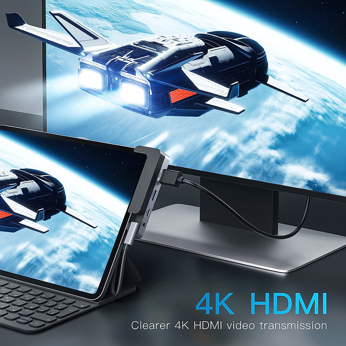 BYEASY iPad Pro USB C Hub for iPad Pro 2021 2020 2019 2018 12.9/11 inch with Docking Stations with 4K HDMI, USB 3.0, PD 100W Charging, SD/Micro Card Reader and 3.5mm Headphone Jack (6 in 1)