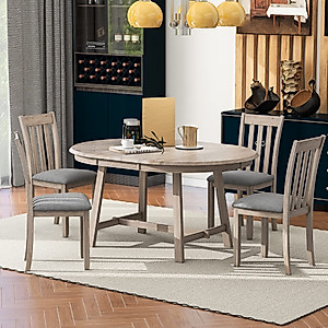 BIADNBZ 5-Piece Dining Table Set with Round Extendable Tabletop and 4 Padded Chairs, Modern Kitchen Furniture for DiningRoom, Space Saving Design, Natural Wood Wash