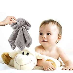 CREVENT Cozy Plush Baby Security Blanket Loveys for Baby Boys and Girls, Faux Fur Front + Mink Backing with Animal Face (Grey Bunny)