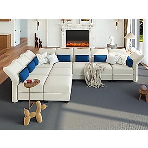 LLappuil Oversized Modular Sectional Sofa 153.4" 9-Seater L Shaped Couch with Large Storage Chaise, Velvet High Back Recliner Couches with Big Ottoman for Living Room, White