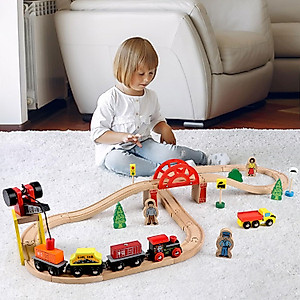 Qilay Wooden Train Set for Toddler - 39 Pcs Wooden Train Tracks with Crane, Bridge & 5 Wooden Trains - Train Toys for 3,4,5 Year Old Boys & Girls - Fit All Major Bands Train Tracks Set