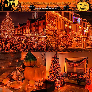 Ｗoohaha Solar Halloween Lights Outdoor,2 Pack Each 33Ft 100LED Orange Halloween Lights,Copper Wire Solar Powered Fairy String Lights 8 Modes for Garden,Tree,Thanksgiving,Christmas,Parties,Home Decor