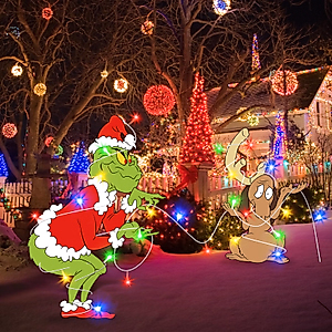 Outdoor Christmas Yard Decorations - 2pcs Green Couple Gnome Christmas Yard Signs with Yard Stakes, LED String Lights for Yard Garden Lawn Christmas Outdoor Light Decor