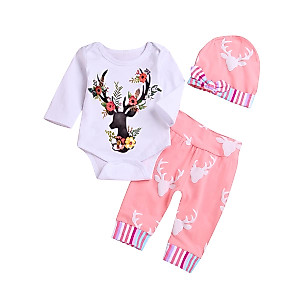 Aalizzwell Newborn Girls Long Sleeve Deer Romper Tops Pink Pants Hat Set (White, 0-3Months)