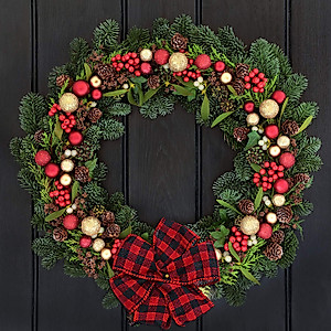 URATOT 2 Rolls Red and Black Plaid Burlap Ribbon Wired Ribbon Christmas Wrapping Ribbon for Christmas Crafts Decoration, Floral Bows Craft, 472 by 1.9 Inches