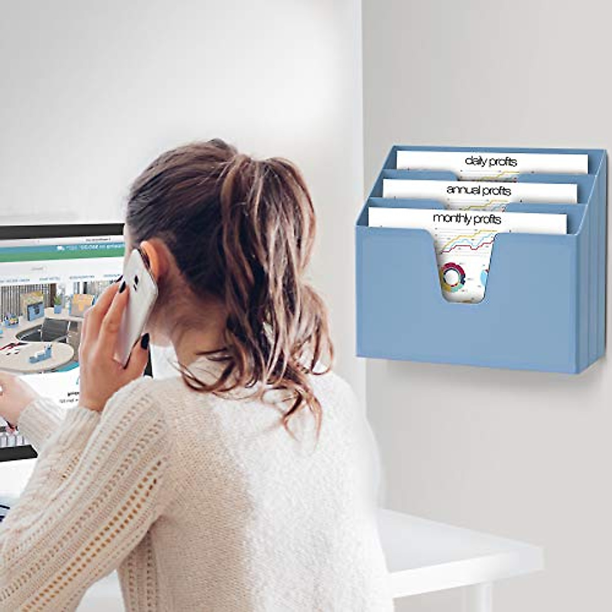 Acrimet Horizontal Triple File Folder Holder Organizer (Solid Blue Color)