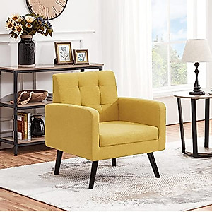 Yaheetech Mid-Century Accent Chairs, Modern Upholstered Living Room Chair, Cozy Armchair Button Tufted Back and Wood Legs for Bedroom/Office/Cafe, Yellow