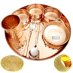 Prisha India Craft Pure Copper Thali Set of Plate, Bowl, Spoon, Fork, Glass, 12-inch