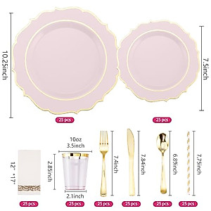 ISFANGCO 200 PCS Pink Thickened Plastic Plates Set for 25 Guests,Gold Rimmed Heavy Duty Disposable Plates for Party Wedding with Napkins,25 Dinner Plates,Dessert Plates,Spoons,Forks,Knives,Cups
