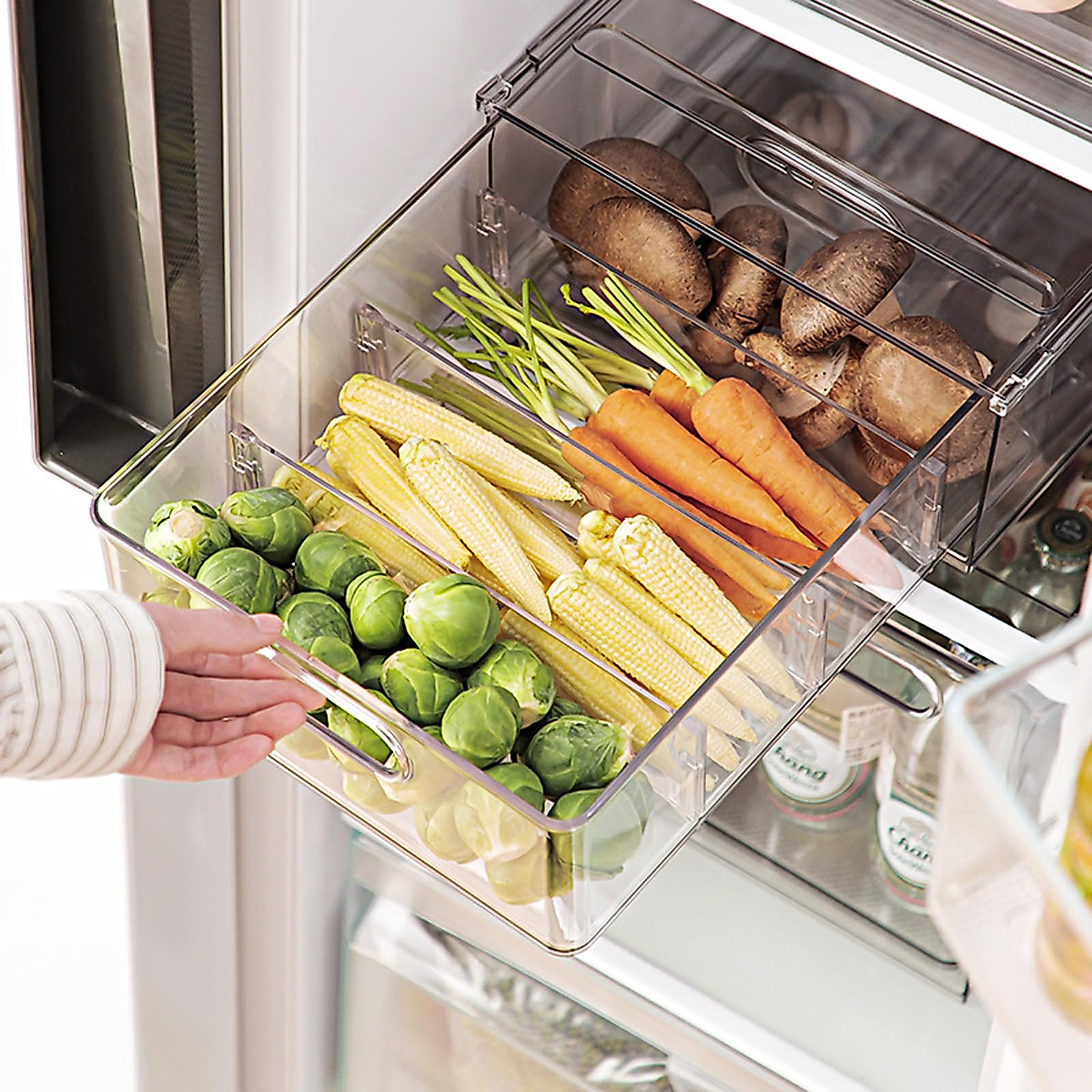 Decorelement Extra Large Refrigerator Organizer Bins with Pull-out Drawer, Stackable Clear Bins with 3 Dividers, Pantry Organization and Food Storage
