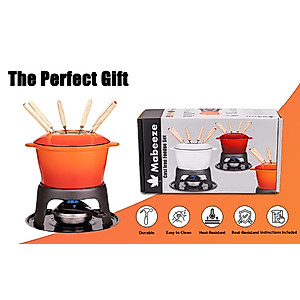 Mabeeze Cast Iron Fondue Set for Cheese, Chocolate or Meat - Includes Enameled 1.6 Qt Pot, 6 Fondue Forks, Burner, Stand, Base and Mitts