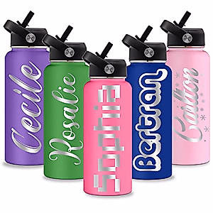 Farmelov Personalized Water Bottles Custom Name Insulated Water Bottle with Straw, Engraved Waterbottle Customized Gifts for Kids School Girls Boys Men Women - 24oz