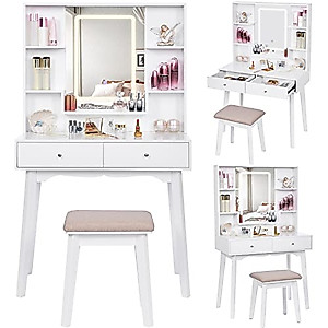 ANWBROAD Makeup Vanity Desk Vanity Table Set with LED Lighted Mirror Vanity Set with 3 Adjustable Lighting Colors 5 Storage Shelves 2 Big Drawers Dresser Cushioned Stool for Girls Women (White)