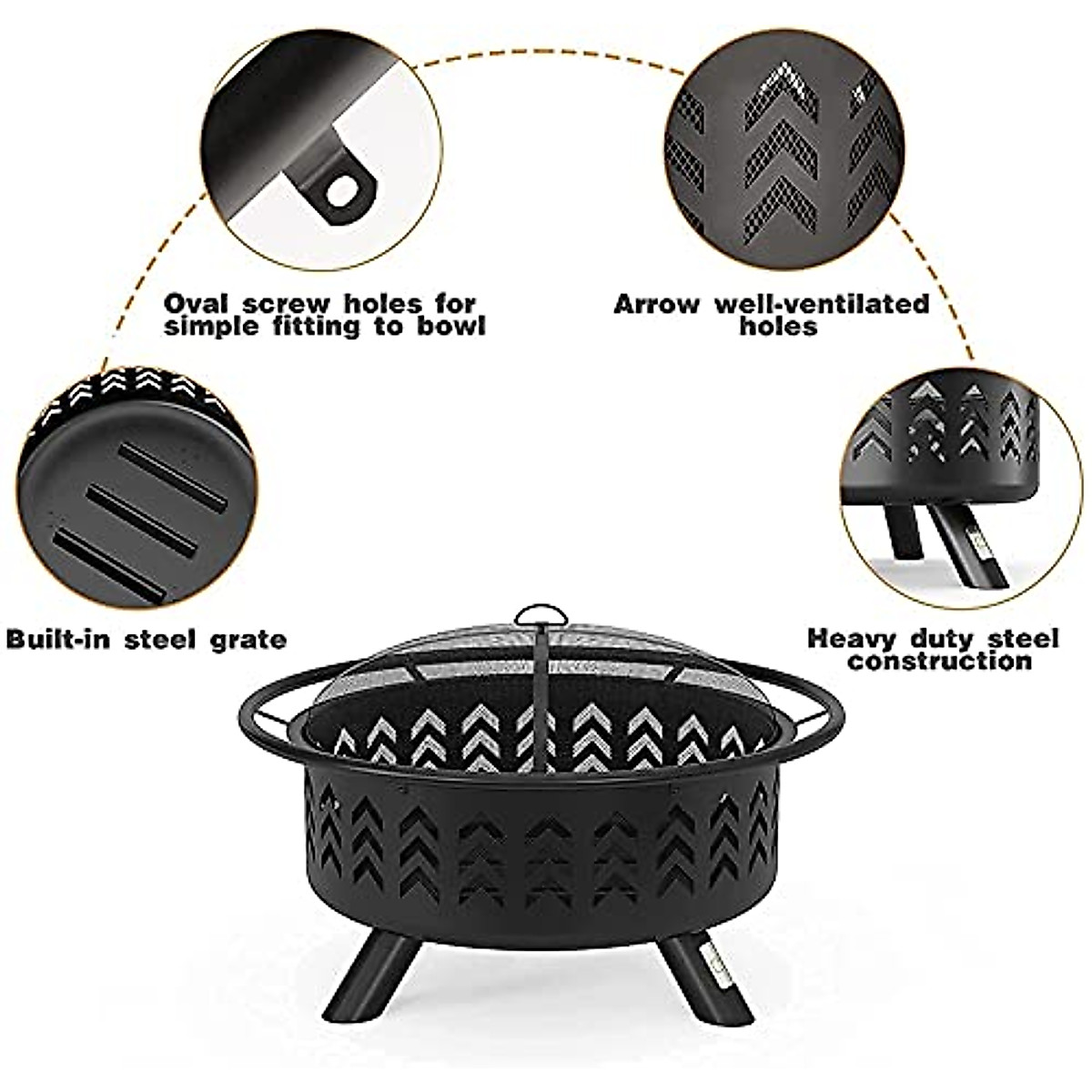 LEAYAN Garden Fire Pit Grill Bowl Grill Barbecue Rack Thicken Fire Pit,36" Large Wood Burning Fire Pit with Spark Screen Poker & Waterproof Cover Outdoor Fire Pit for Bonfire Party BBQ Heating