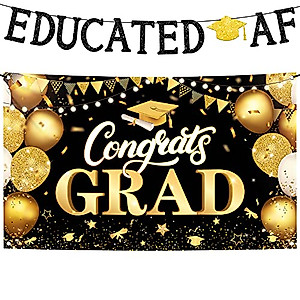 XtraLarge, Congrats Grad Banner - 72x44 Inch | Glitter Gold Educated AF Banner - 10 Feet No DIY | Graduation Banner for Graduation Party Decorations 2022 | Class of 2022 Educated AF Decorations