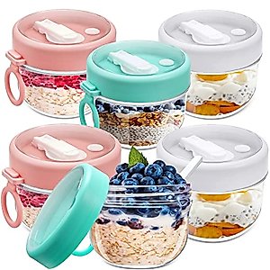 Rtteri 3 Pcs 20 oz Large Overnight Oats Containers with Lids and Spoons Plastic Yogurt Jars Leakproof Overnight Oats Jars with Lids Smoothie Containers Cups for Food Storage, 3 Colors
