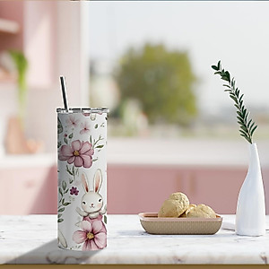 Tumbler with Lid and Straw Miss Rabbit and Flowers thermos coffee travel mugcute cups 20 oz insulated tumbler for Daily Holiday Decor Gift coffee cup