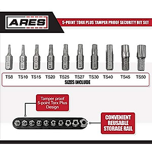 ARES 31004-10-Piece 5-Point Torx Plus Tamper Proof Security Bit Set - 25mm Length S2 Steel Precision Machined Security Bits - Storage Rail Included