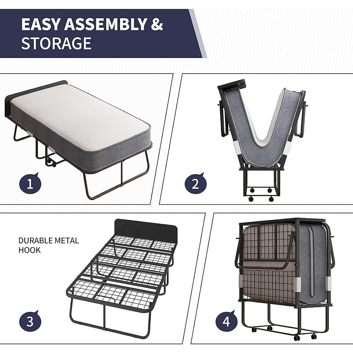 ijuicy Folding Bed,75" x 38" Rollaway Bed with 5" Upgraded Thickness Mattress for Adults,High Rebound Foam Filling,Folding Bed with Storage Cover,Steel Frame w/4 Movable and Lockable Wheels,Headboard
