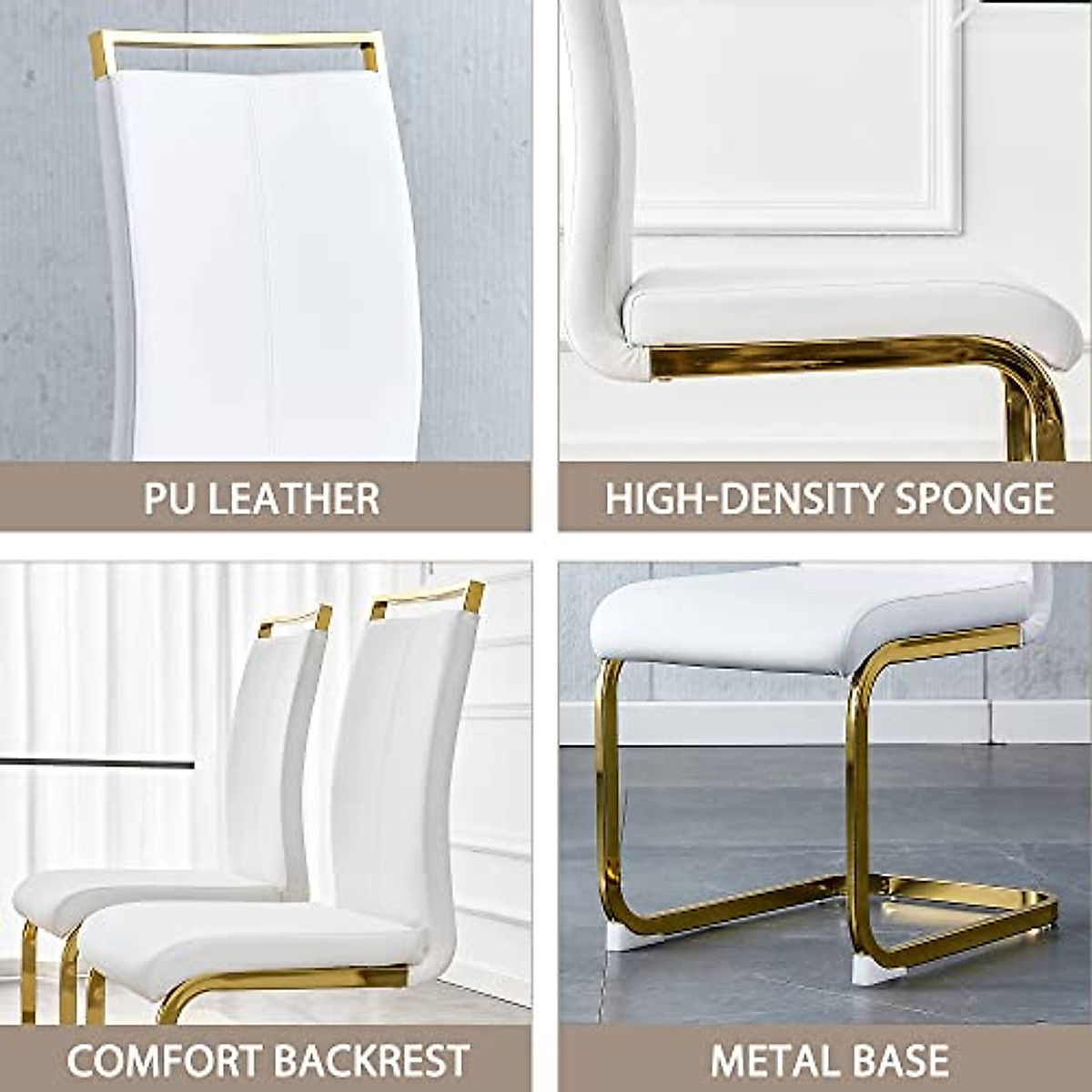 Luxurious Dining Table Set for 4, 63'' White Imitation Marble Tabletop with MDF U-Shaped Legs, Rectangle Glass Kitchen Table with 4 pcs White Leather Dining Chairs for Home Living Room