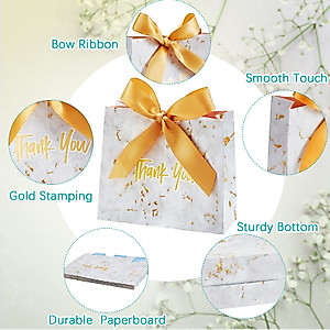 50 Pack Small Thank You Gift Bag Boxes Marble Pattern Mini Party Favor Gift Bags with Golden Bow Ribbon Treat Boxes Mini Paper Bags Bulk for Wedding Baby Shower Party Favors Bridesmaid Celebration