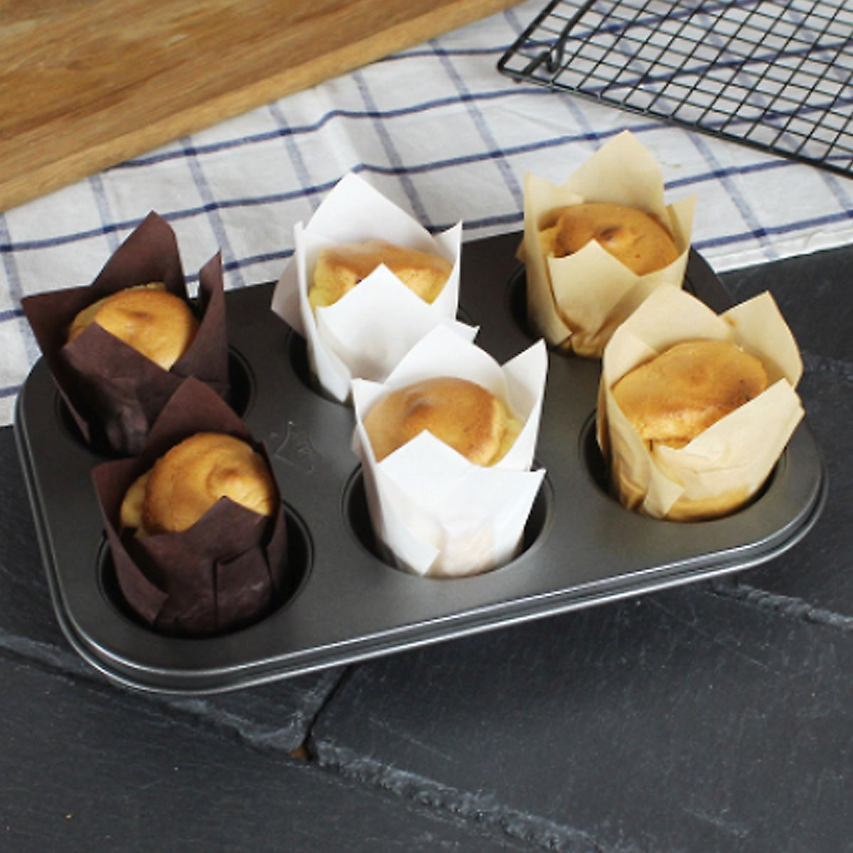 Aunifun 180 Pieces of Tulip Baking Paper Cups Cupcake Muffin Liners Pans Wrappers in 3 Colors, White, Natural, Brown