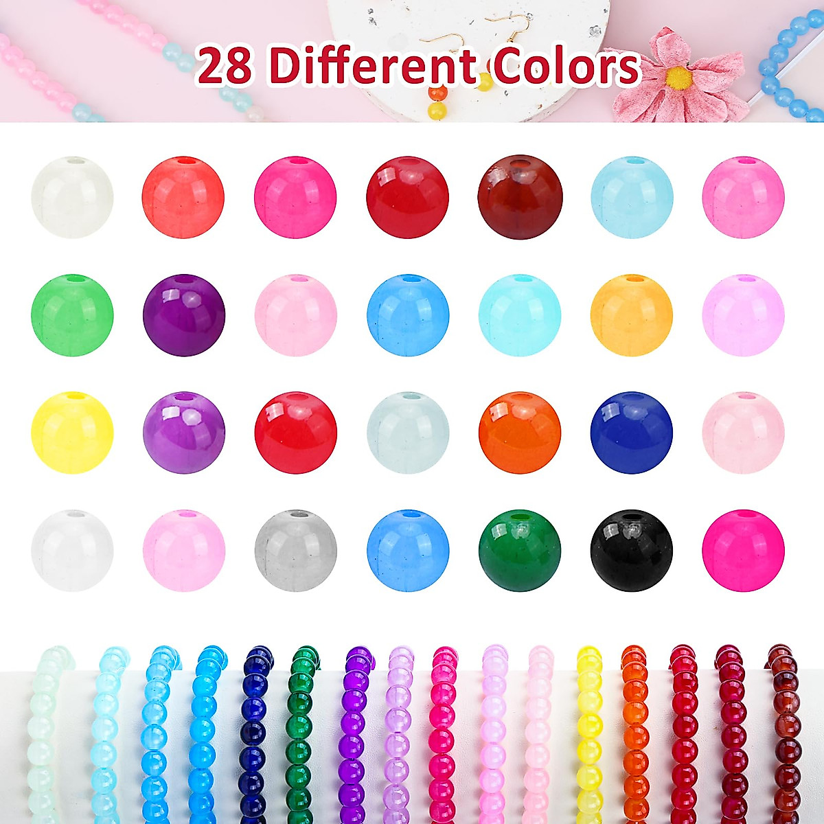 QUEFE 700pcs Glass Beads Kit for Jewelry Making, 28 Colors 8mm Crystal Beads Bulk for Bracelet DIY Crafts