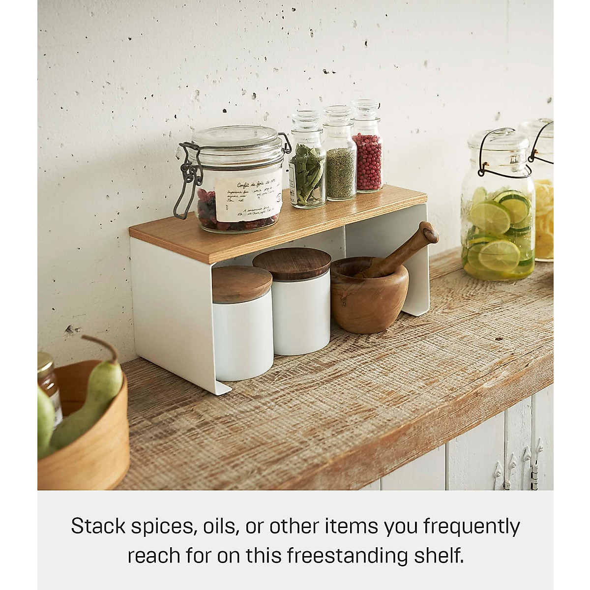 Yamazaki Home Wood-Top Stackable Kitchen Rack-Modern Counter Shelf Organizer, White