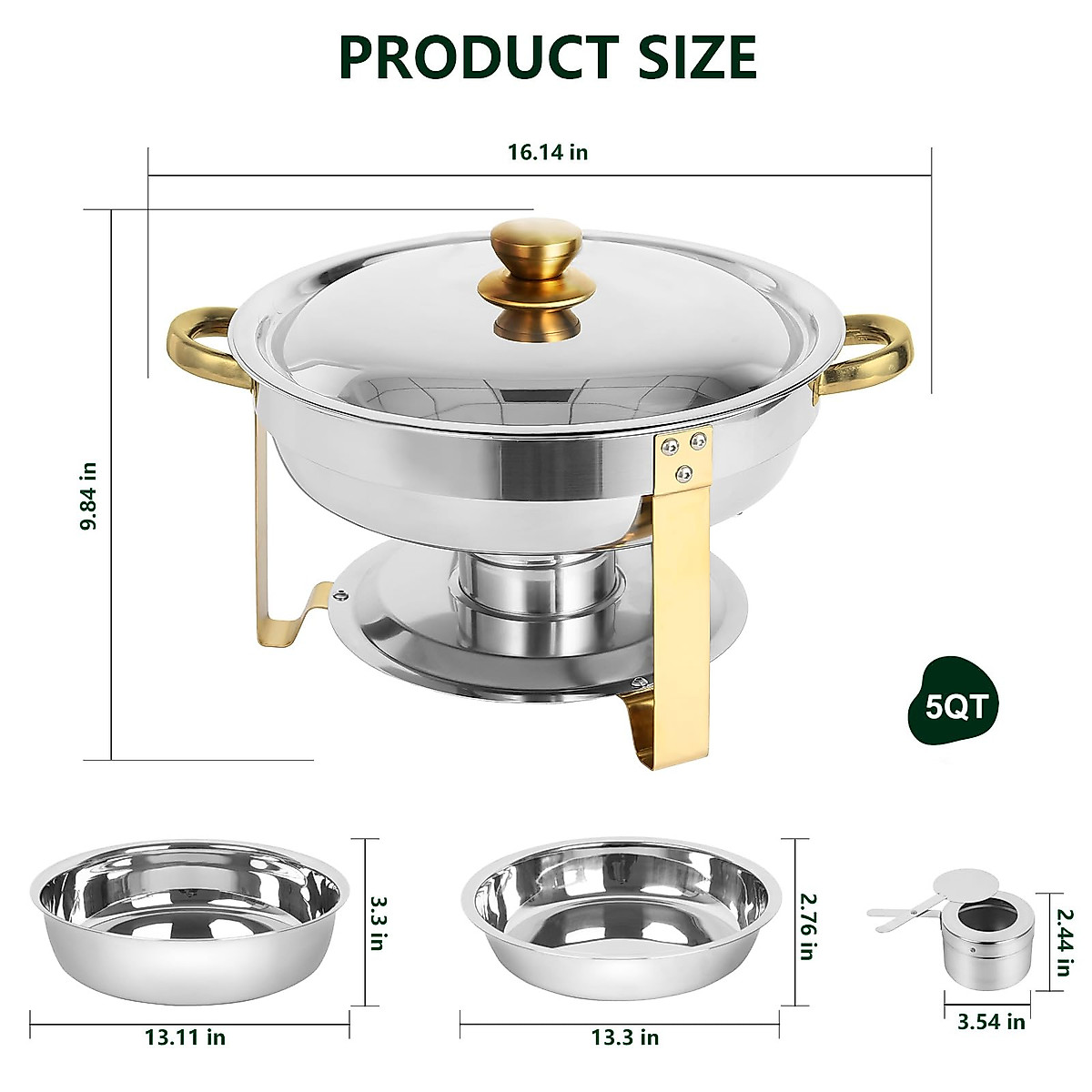 IMACONE Chafing Dish Buffet Set of 4, 5QT Round Stainless Steel Chafer for Catering, Upgraded Chafers and Buffet Warmer Sets w/Food & Water Pan, Lid, Gold Frame, Fuel Holder for Party Wedding Holiday