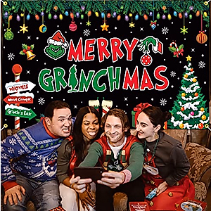 JKQ Merry Grinchmas Backdrop Banner 73 x 43 Inch Large Size Christmas Background Banner Xmas Party Decorations Christmas Holiday Baby Shower Birthday Indoor Outdoor Photo Booth Props