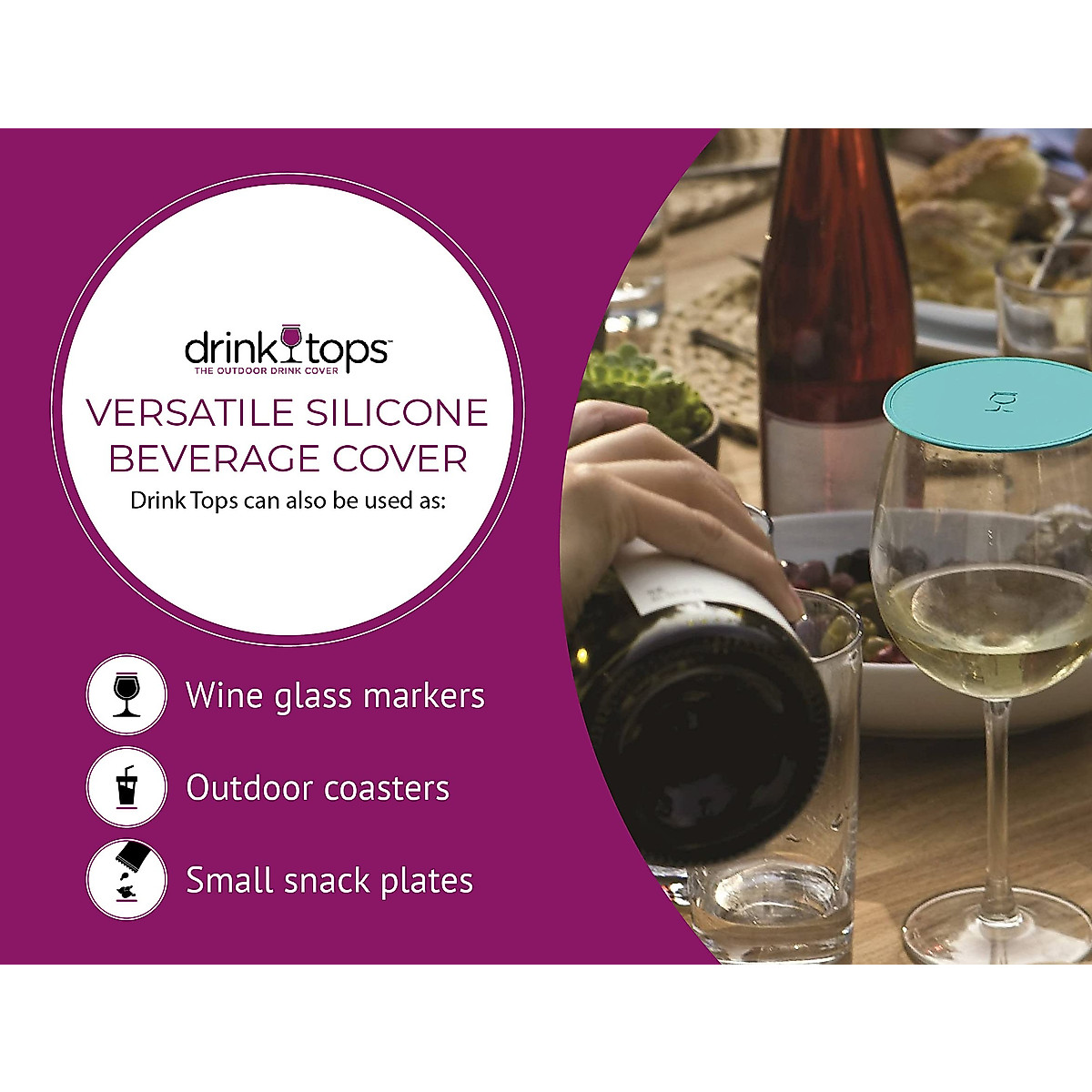 Drink Tops Tap and Seal Outdoor Drinking Glass Cover - Gently Suctions to Glasses to Keep Particles Out & Reduce Splashing - Perfect for Wine Glasses, Coffee/Tea Mugs & Glasses - Vintage Pinot