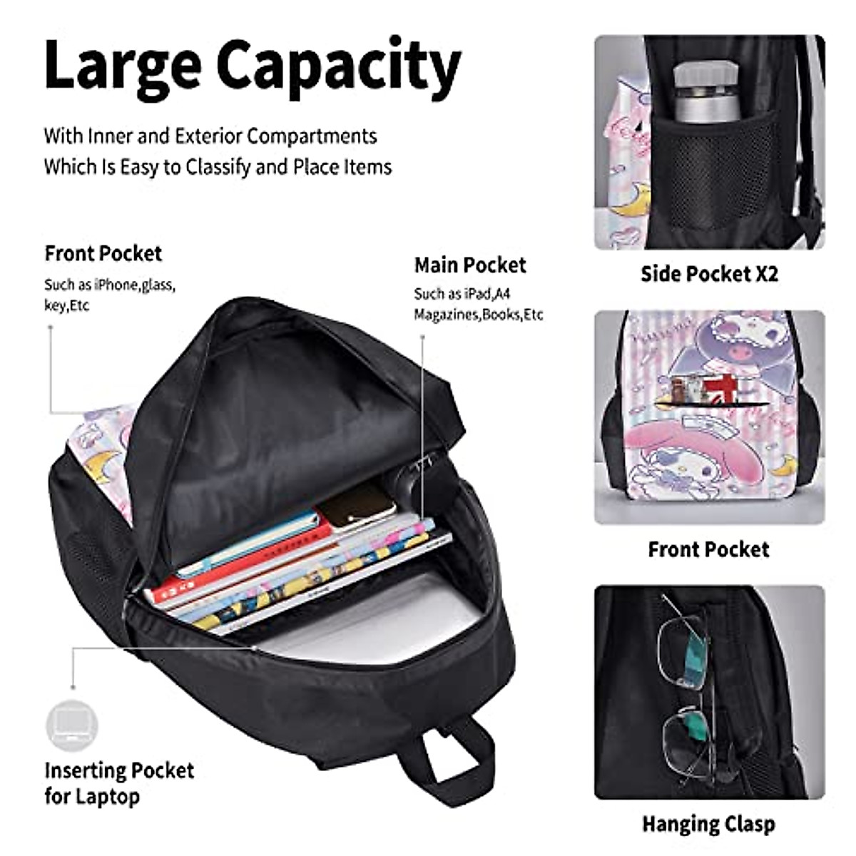 ORPJXIO Backpack 3 Piece Set Kuromi Anime My Melody Laptop Backpack Pencil Case Lunch Bag Combination For Travel Work Camping