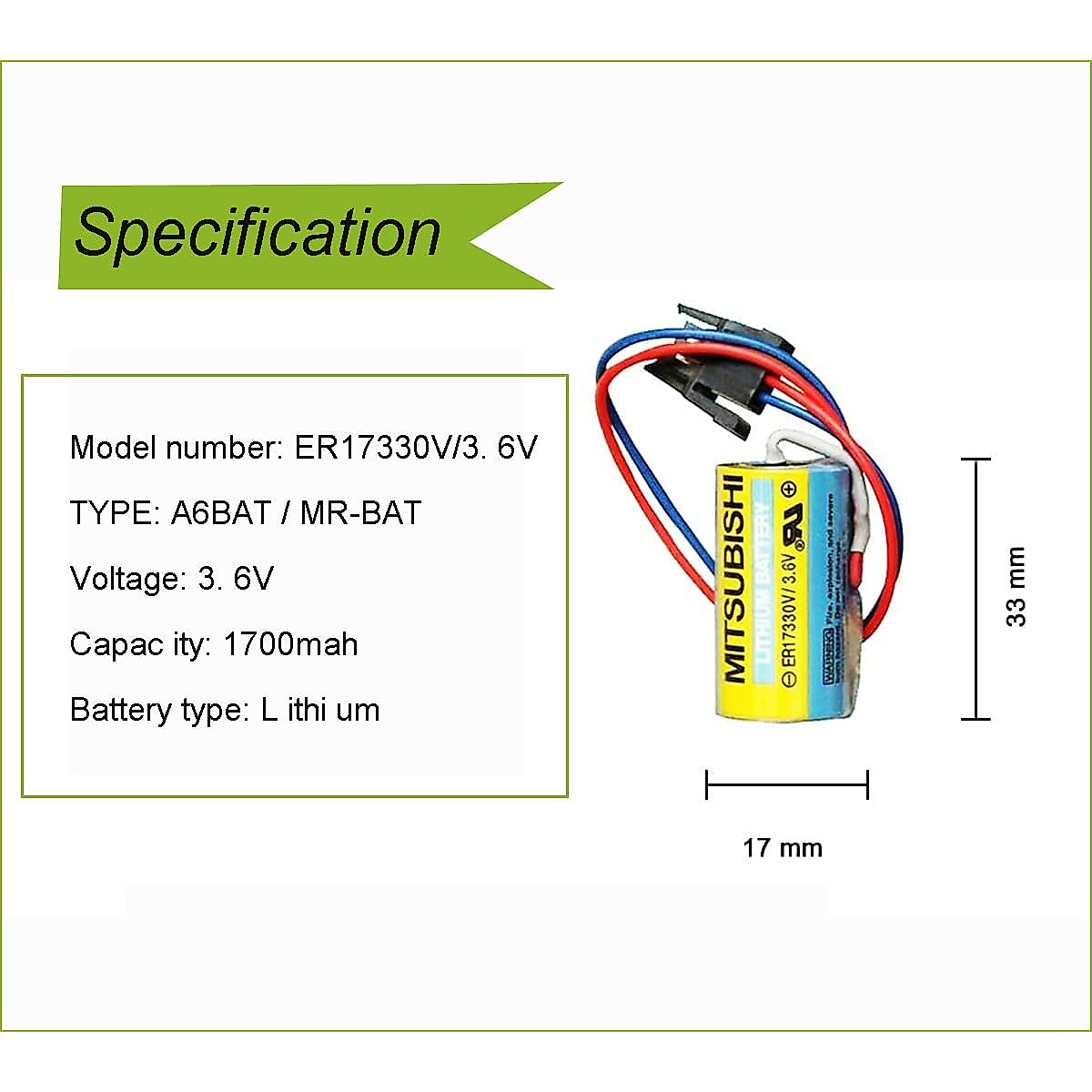(10 Pack) 1700mAh MR-BAT ER17330V/A6BAT PLC Battery Size 2/3A 3.6V Li-ion Battery w/Plug