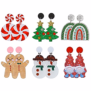Cooluckday Christmas Earrings for Women Dangling Acrylic Christmas Tree Gnome Gingerbread Man Candy Snowman Earrings Christmas Stud Earrings for Women Christmas Gifts(4/6Pcs)
