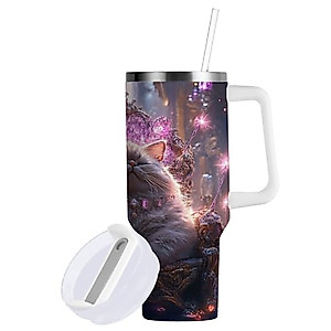 Slewiaeky Tumbler with Handle 40 oz Kitty Skinny Cat Travel Mug with Lid and Straw Purple Stainless Steel Vacuum Insulated Water Bottle Cup for Iced Tea Coffee Cold Beverages Cup Holder Friendly