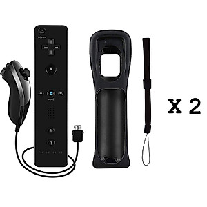 Wii Remote and Nunchuck Controller, Wireless Controllers Compatible with Wii/Wii U with Silicone Case and Wrist Strap (Black)