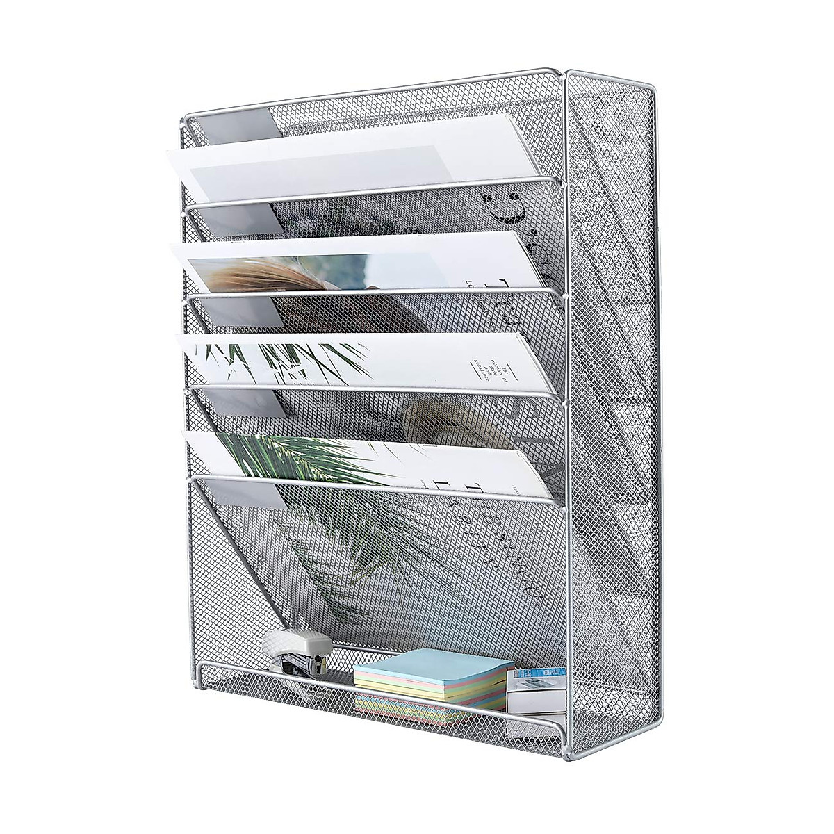 EasyPAG 5 Slot Wall Hanging File Organizer Vertical Office Desk /Wall Mounted File Holder Paper Organizer with Bottom Flat Tray,Black,Silver