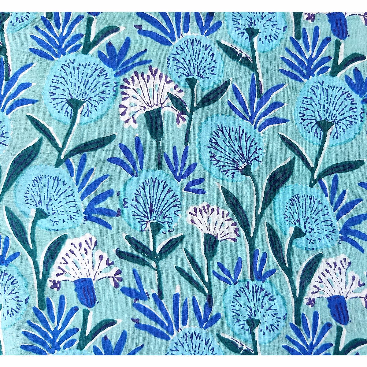 Craftbot Hand Block Print Fabric by The Yard - PRECUT 1 Yard 42 Inch Width - 100% Cotton Material - Aqua and Blue Floral Pattern - Light Weight Indian Cloth for Making Summer Dress Tops Project etc