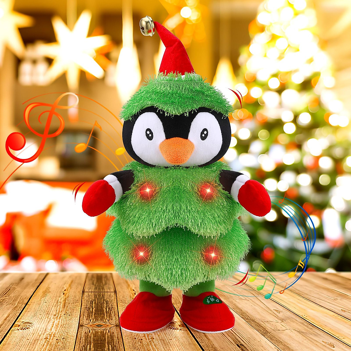 ACETOP LED Musical Christmas Tree Penguin Stuffed Animal Repeats What You Say Light up Soft Plush Toy Singing Dancing Talking Record Mimicking Twisting Interactive Animated Dolls Decoration Xmas Gifts