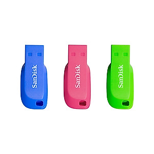 SanDisk 16GB Cruzer Blade USB Flash Drive 3-Pack, Blue/Pink/Green
