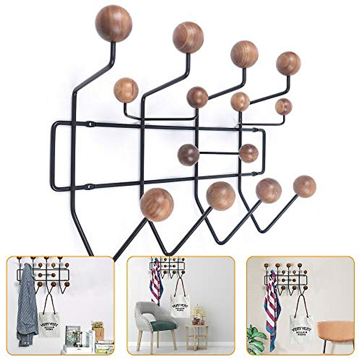 Practical Coat Rack, Hang It All Wall Hanger Coat Rack Solid Walnut Wooden Balls Wood Modern Wall Mounted Coat Hooks with Painted Solid Wooden Balls Classic Mid Century Coat Rack(Candy Hook)