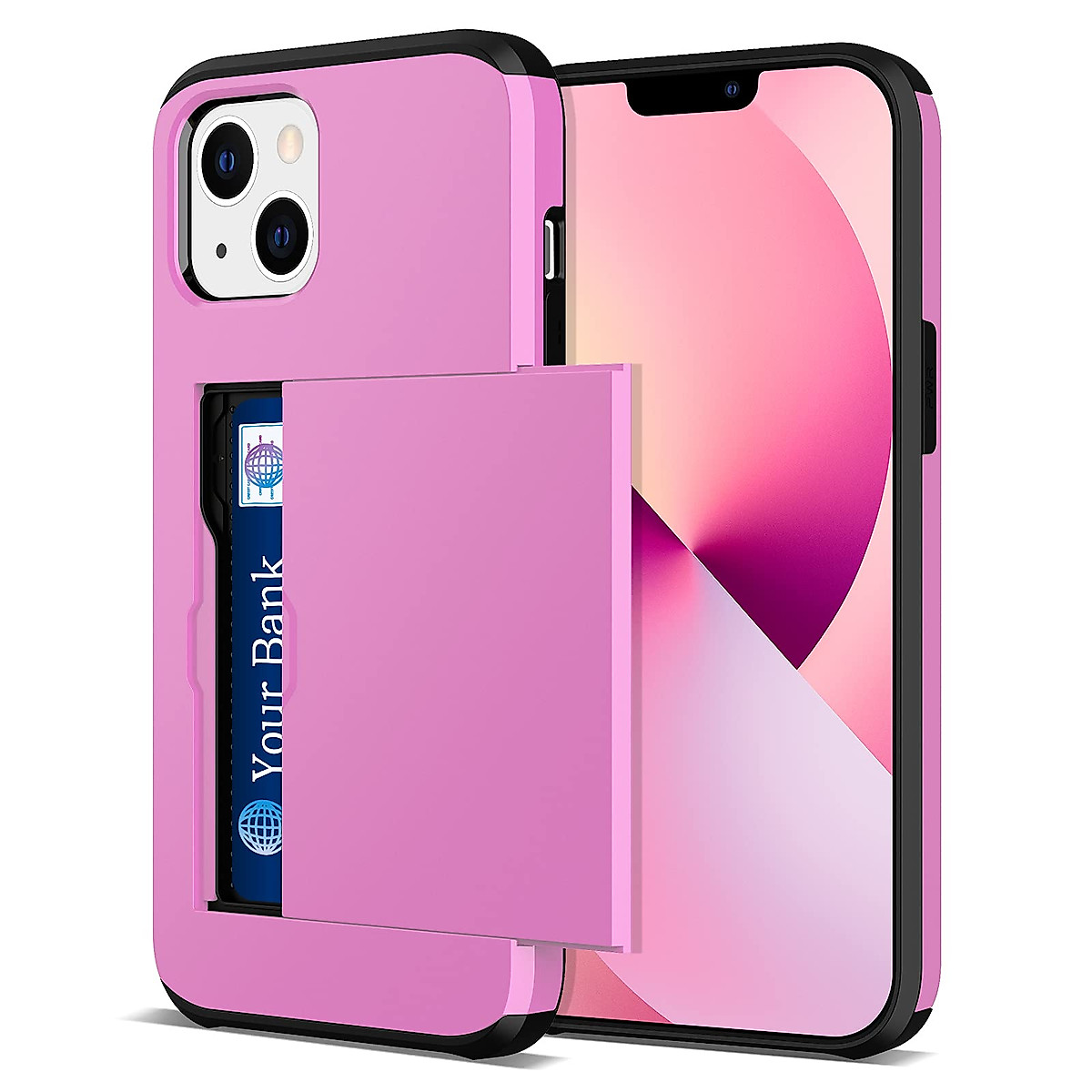 Jiunai Compatible with iPhone 13 Mini Case, Credit Card IDs Holder Wallet Back Pocket Slide Cover Card Slot Dual Layer Bumper Shell Rubber Cover Phone Case Designed for iPhone 13 Mini 5.4'' 2021 Pink