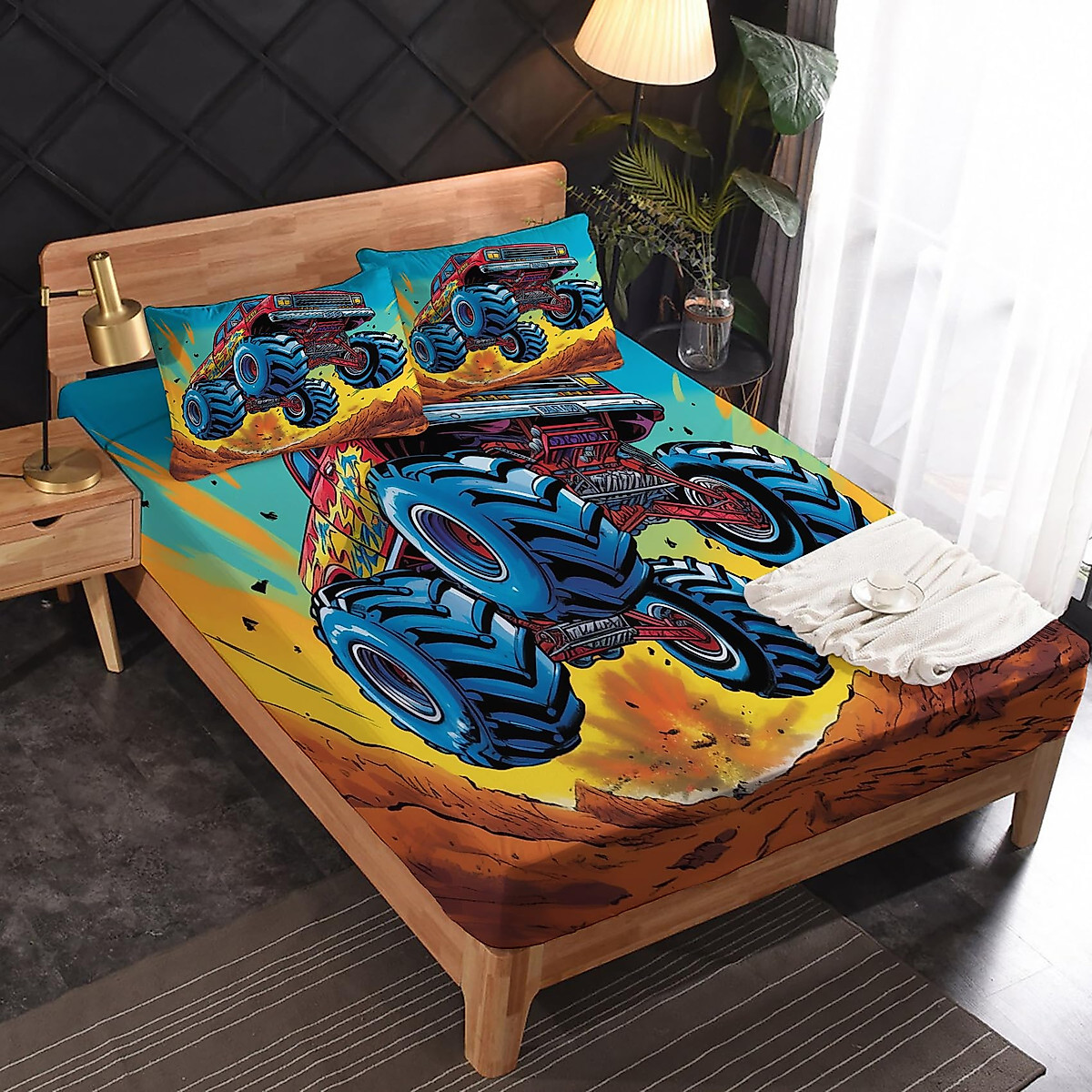 zcsm Monster Truck Sheets Full Size Sheet Sets - Kids Bed Sheets, Soft Microfiber & Deep Pocket & Wrinkle Free Patterned Bedding Sheets & Pillowcases, 1 Fitted Sheet, 1 Flat Sheet, 2 Pillow Cases