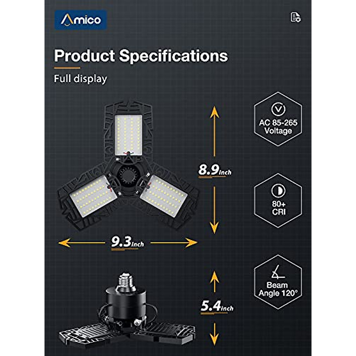 4-Pack LED Garage Lights, 50W LED Shop Light with 3 Ultra Bright Adjustable Panels, 5000LM 6500K Deformable Ceiling Lights for Garage, Attic, Basement, E26/E27 Base